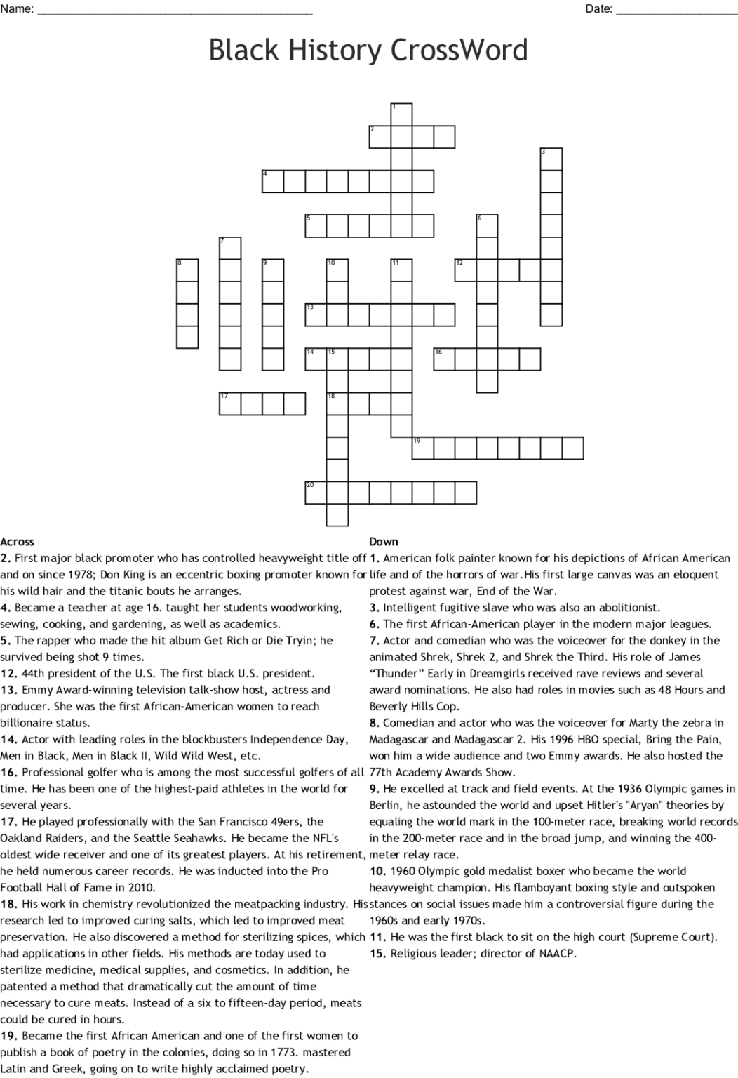 Black History Crossword Puzzle Printable Printable Crossword Puzzles ...