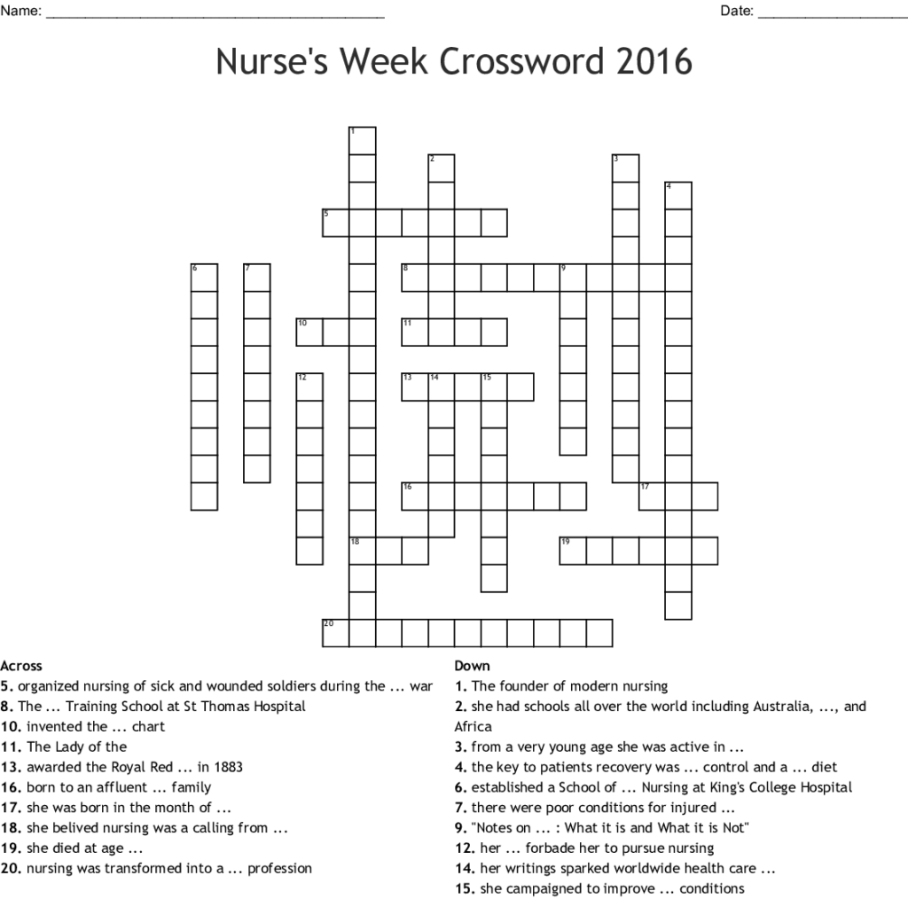 Nursing Crosswords Word Searches Bingo Cards WordMint | Sally Crossword ...